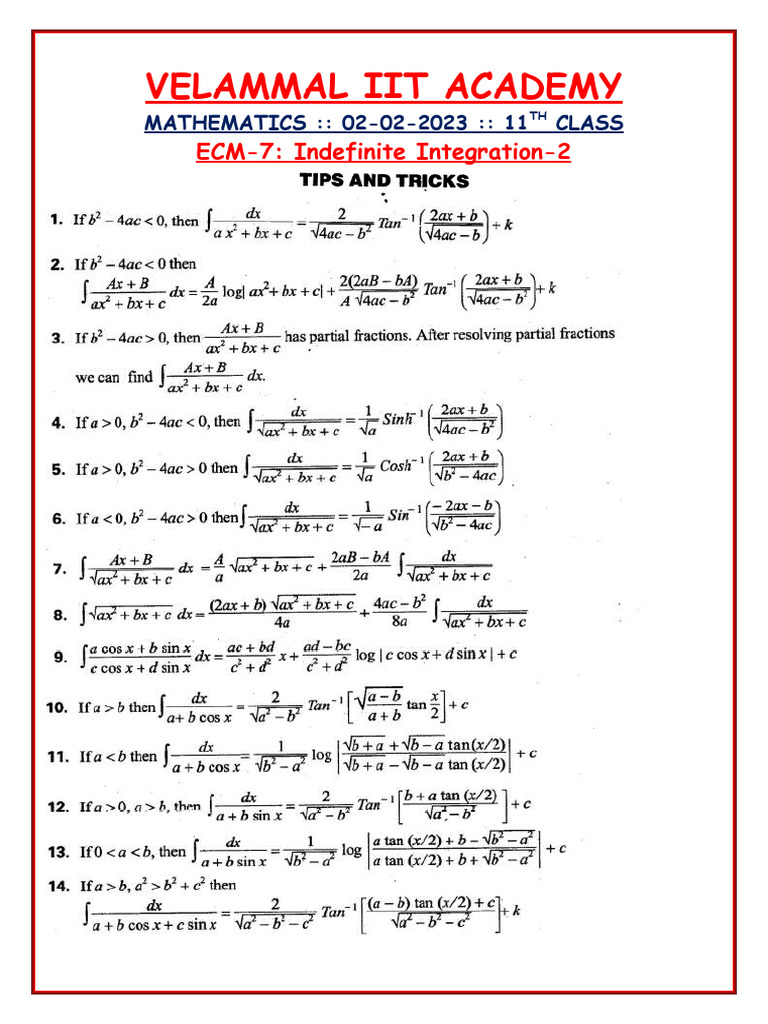 ECM-7 Indefinite Integration-2 03-02-23 11th (21-23) With Key H and S-2 | PDF