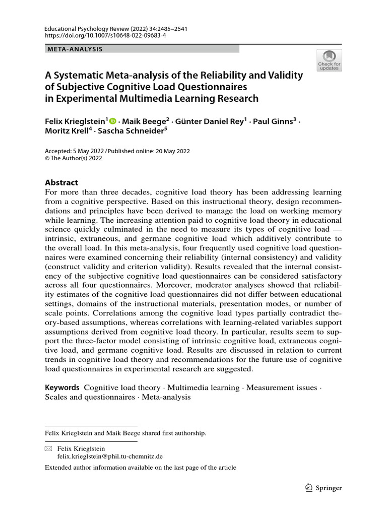 A Systematic Meta Analysis of The Reliability and Validity of Subjective Cognitive Load ...