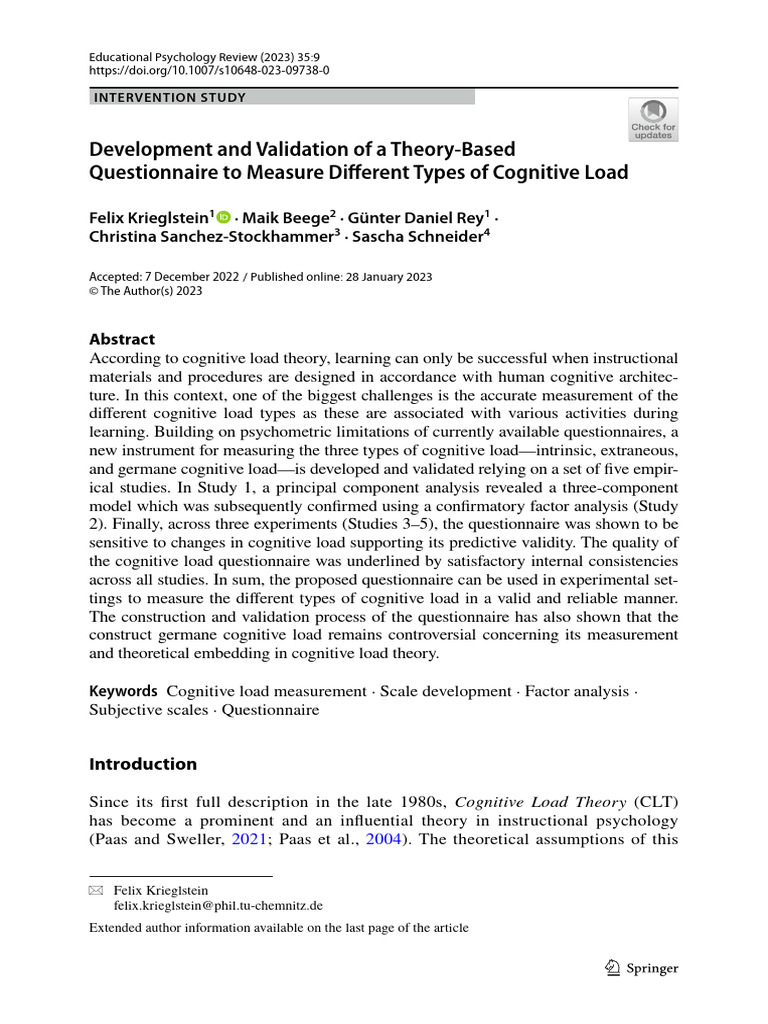 Cognitive Load Questionnaire Development | PDF | Learning | Psychometrics