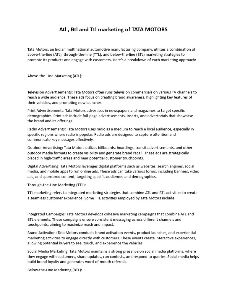 Atl, Ttl and btl marketing of tata motors | PDF | Advertising | Brand