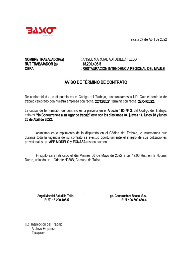 Formato Termino de Contrato | PDF