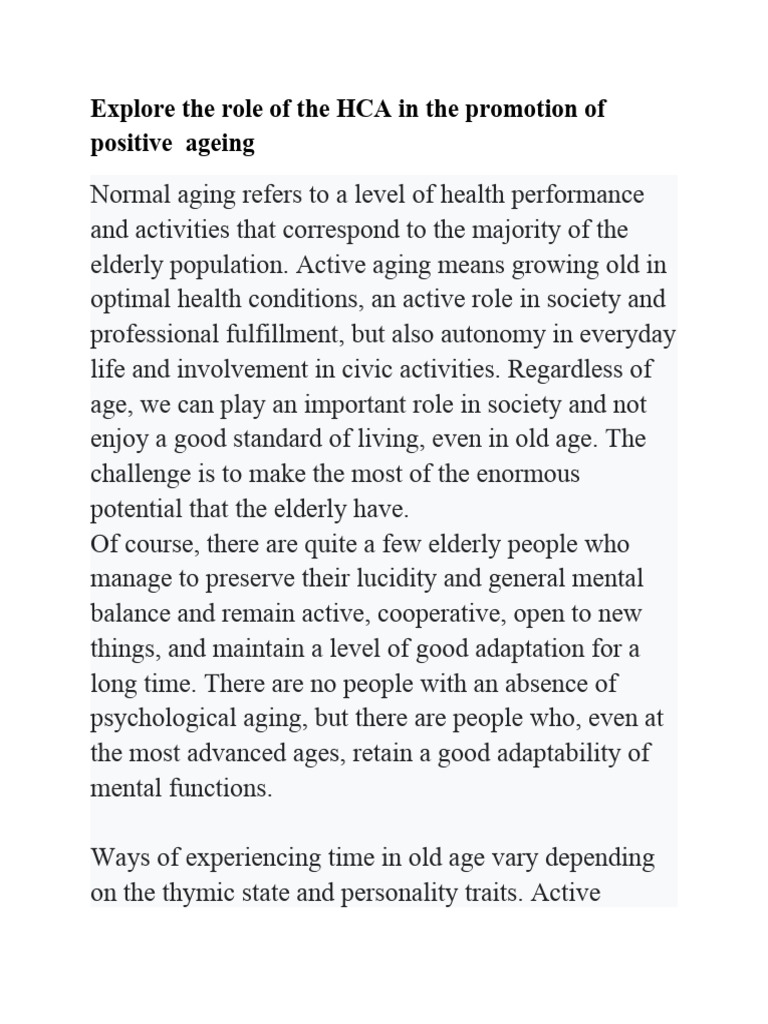 Explore The Role of The HCA in The Promotion of Positive Ageing | PDF ...