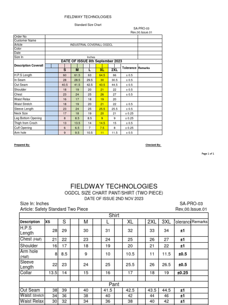 Ms Fieldway Stard Size Chart One Piece - Two Piece | PDF | Shirt ...