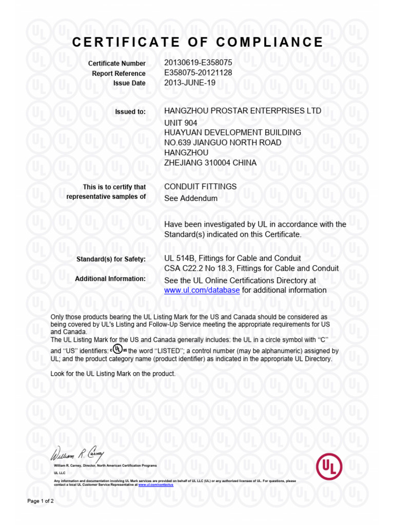 UL Compliance Certificate for Conduit Fittings | PDF | Safety