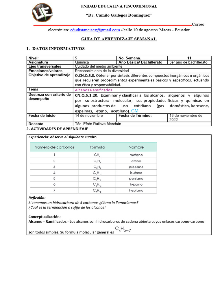 Guia Semana 11-3ero Bgu Quimica - Efren | PDF | Alcano | Sustancias químicas