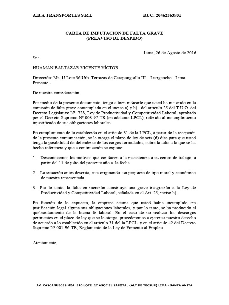 Carta de Preaviso de Despido | PDF