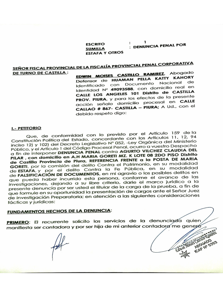 DENUNCIA Penal Por Estafa | PDF