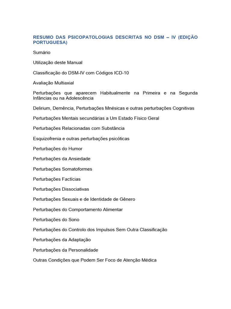 Resumo Das Psicopatologias Descritas No DSM | PDF | Deficiência intelectual | Quociente de ...