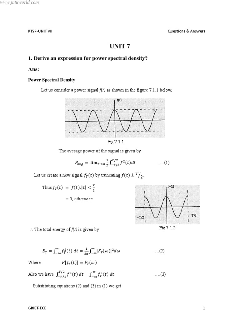 Unit 7: 1. Derive An Expression For Power Spectral Density? Ans | PDF | Spectral Density ...