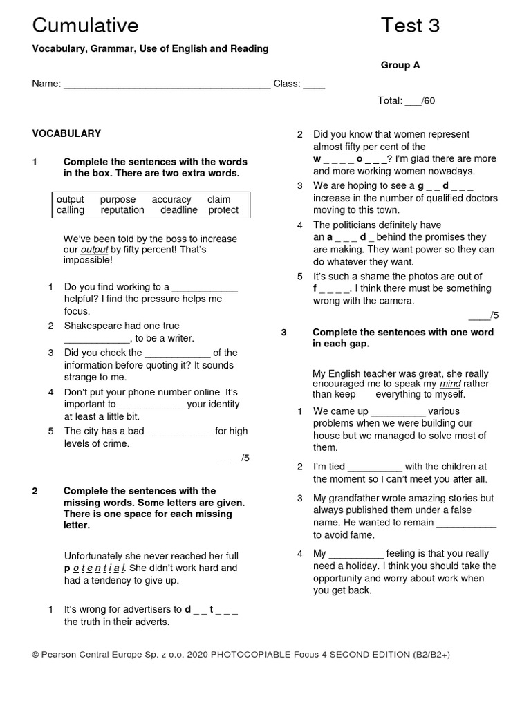 B2/B2+ English Test: Vocabulary, Grammar, Reading | PDF | English ...