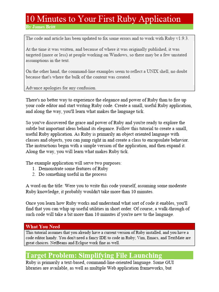 10 Minutes To Your First Ruby Application | PDF | Method (Computer ...