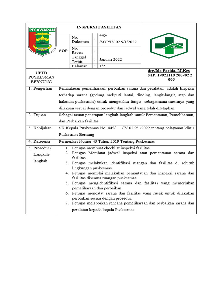 SOP Inspeksi Fasilitas | PDF