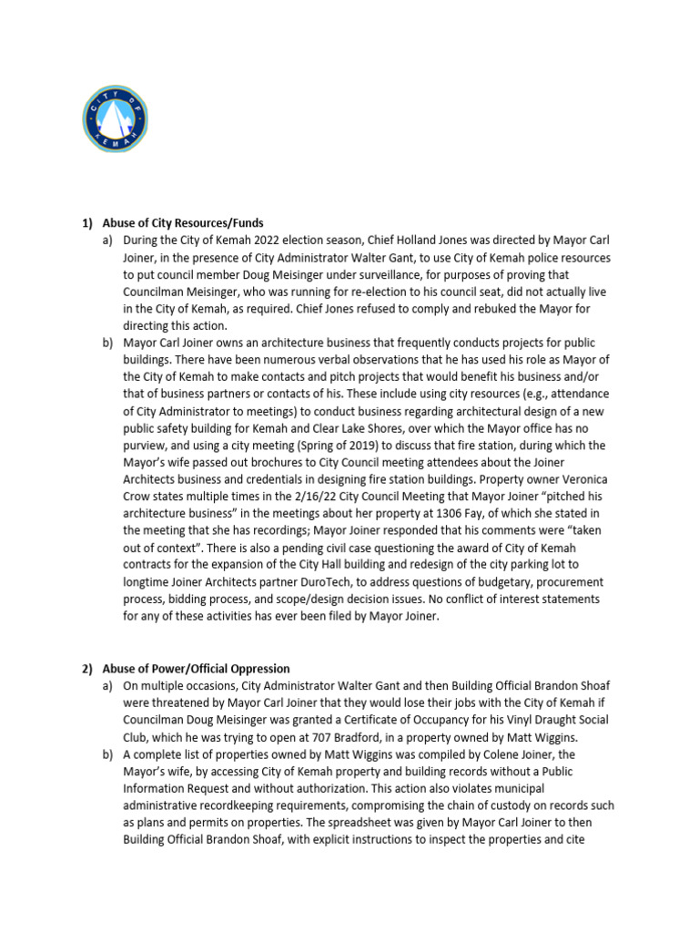 Kemah Mayor Misconduct Allegations | PDF | Deposition (Law) | Covenant ...