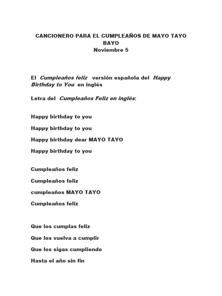 Cancionero para El Cumpleaños de Mayo Tayo Bayo | PDF | Poesía