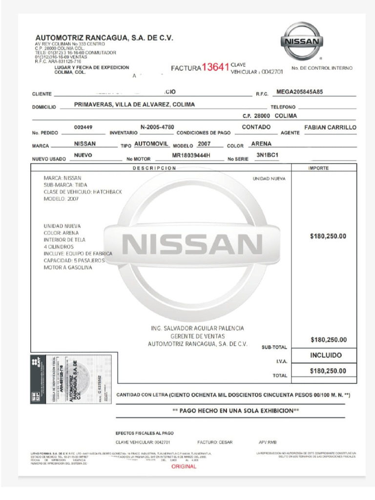 Factura Nissan Tida | PDF