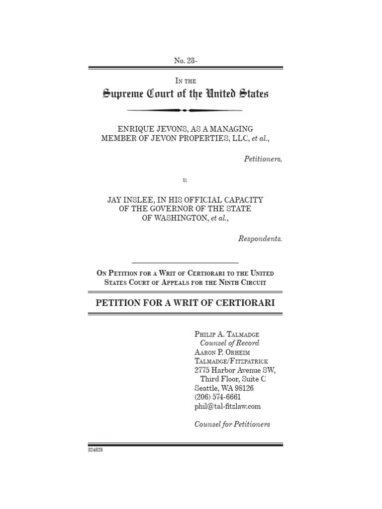Petition For A Writ of Certiorari, Jevons v. Inslee, No. 23-490 (U.S ... Petition For A Writ of Certiorari, Jevons v. Inslee, No. 23-490 (U.S ...