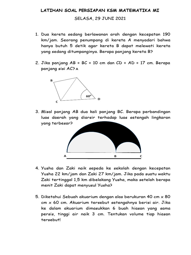 LATIHAN SOAL PERSIAPAN KSM MATEMATIKA MI (29 Juni 2021) | PDF