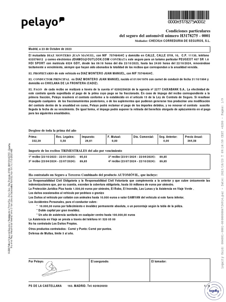 Fol H 3178275 | PDF | Seguro | Póliza de seguros