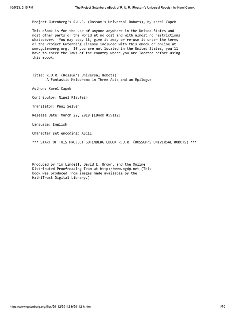 R. U. R. (Rossum's Universal Robots), by Karel Capek | PDF | Art | Young Adult