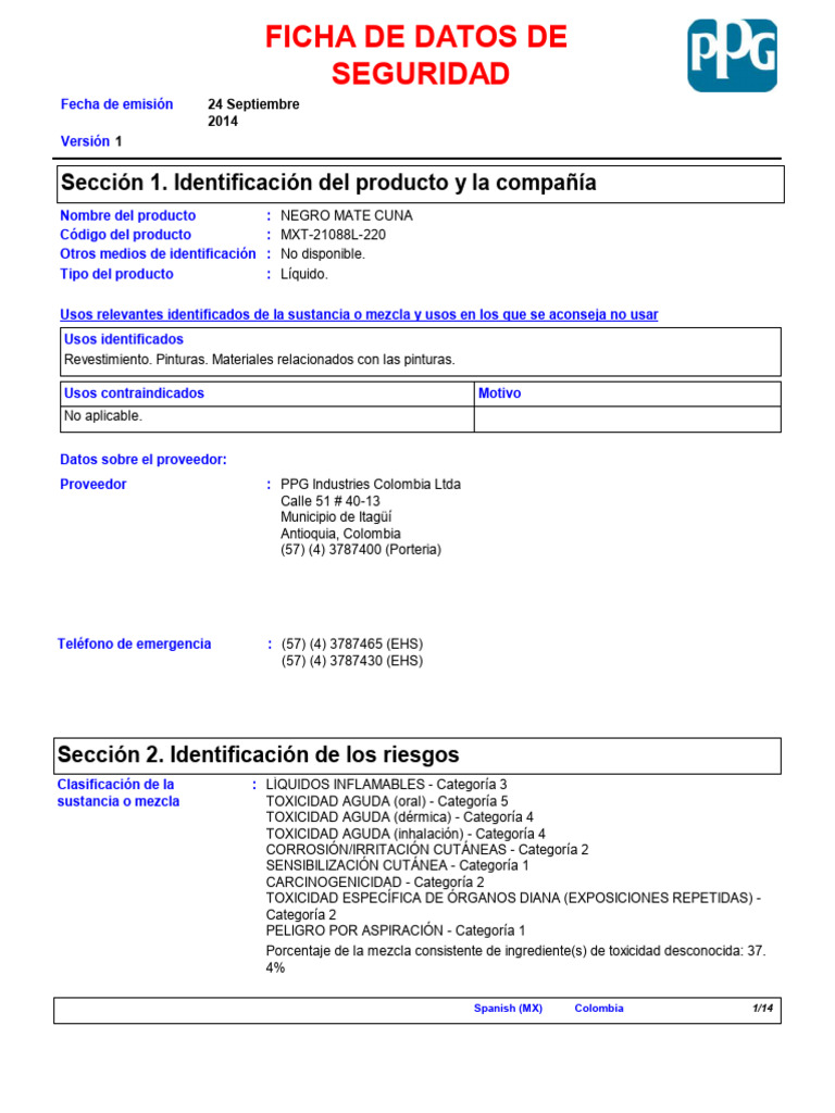 MSDS Negro Mate Cuna | PDF | Contaminación | Agua