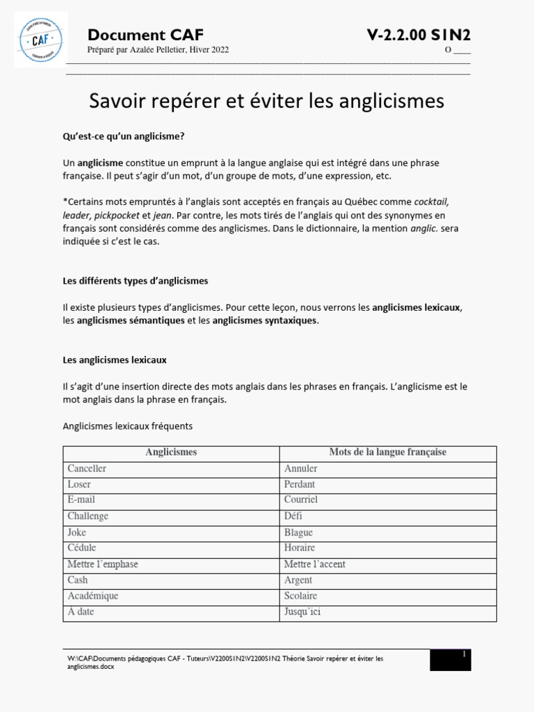 Théorie Savoir Repérer Et Éviter Les Anglicismes | PDF | Langue ...