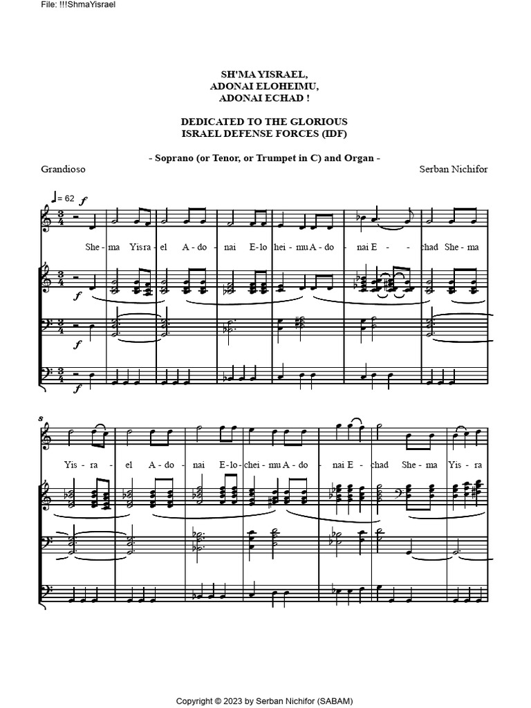 Sh'ma Yisrael, Adonai Eloheinu, Adonai Echad! - Music by Serban Nichifor | PDF