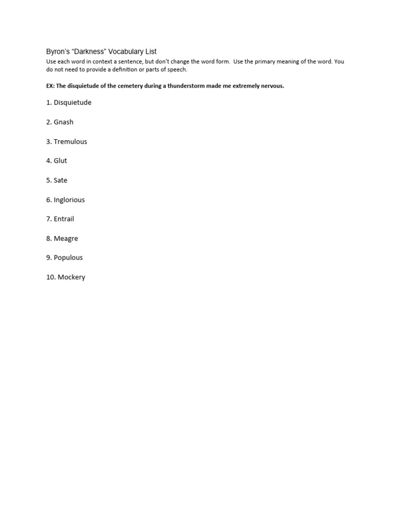 Vocab #01 - Byron's "Darkness" Vocabulary List | PDF