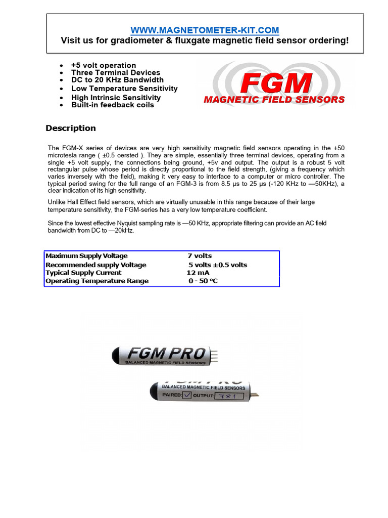 FGM Fluxgate Magnetic Field Sensor Specifications Applications Guide ...
