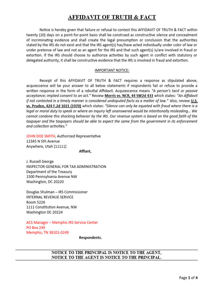 Affidavit of Truth and Fact | PDF | Internal Revenue Service | Tax ...