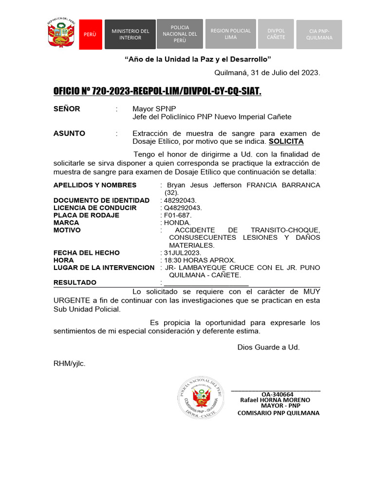 ACTA DE INTERVENCIÓN POLICIAL. ACCIDENTE DE TRANSITO MANCADA. | PDF ...