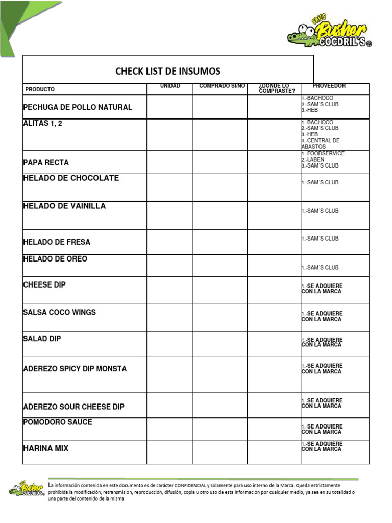 16 Check List de Insumos Editada | Descargar gratis PDF | Alimentos | Comida y bebida