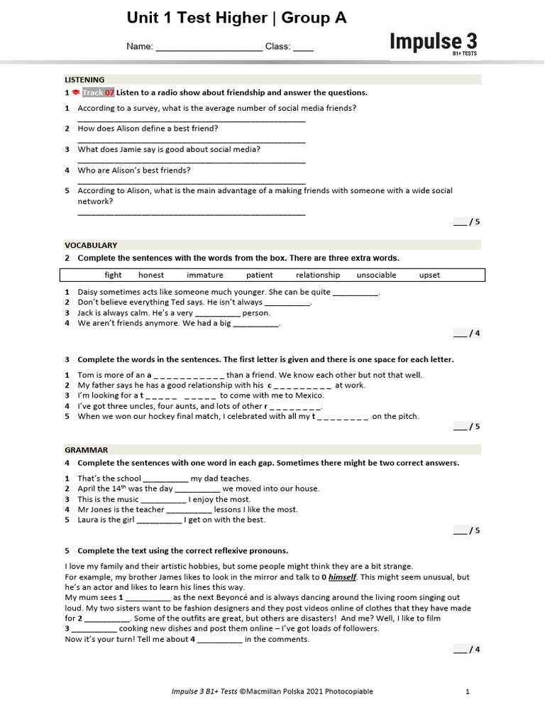 Unit 1 Test Higher A Impuls 3 | PDF