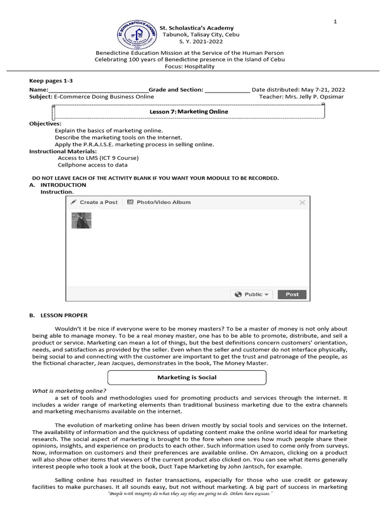 ICT 9 Module 1 Lesson 7 | PDF | Marketing | Return On Investment