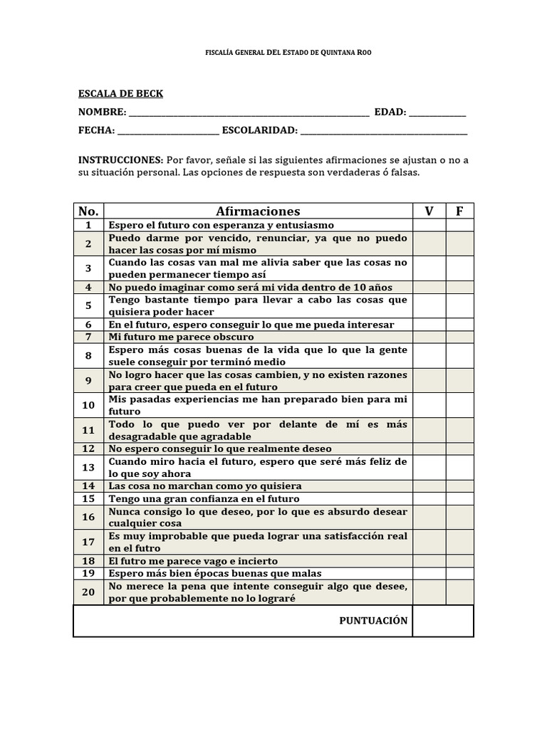 Escala de de La Desesperanza de Beck | PDF