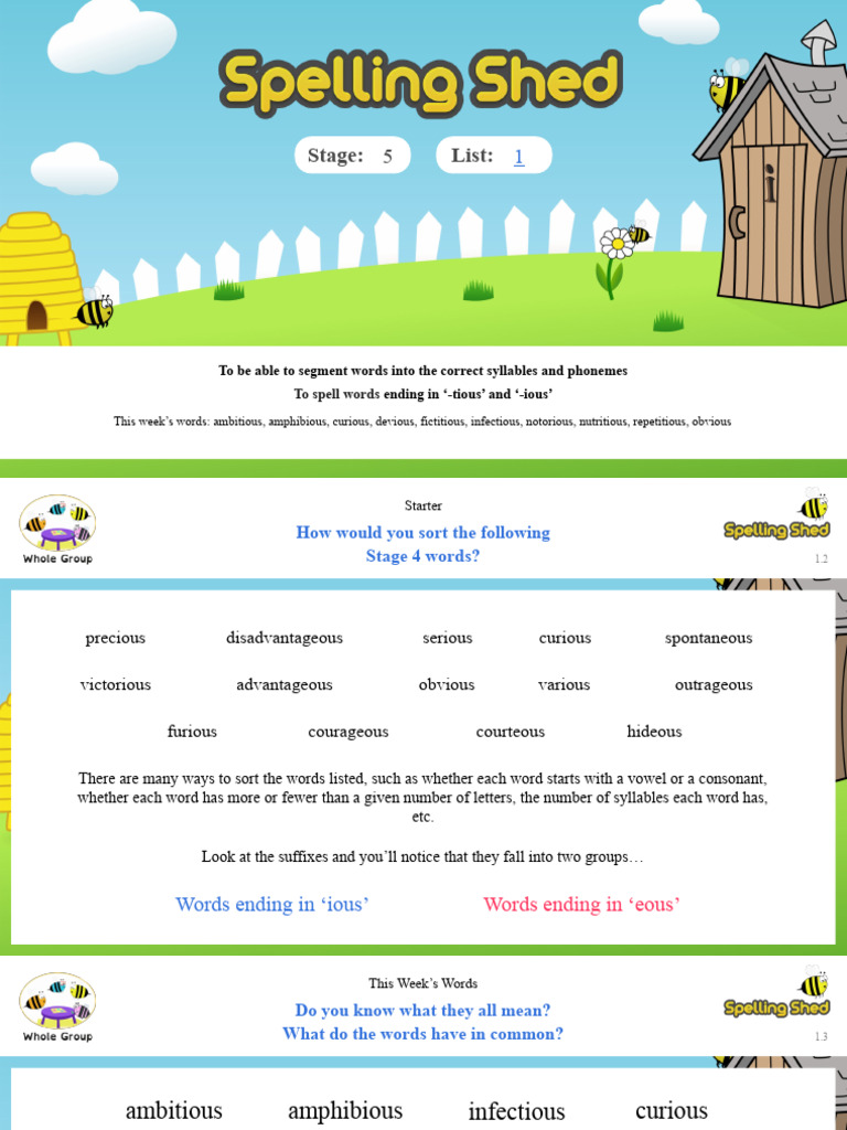 Spelling Shed 2022 - Stage 5 - Lesson 1 - Words Ending in - Tious and - Ious - Presentation ...