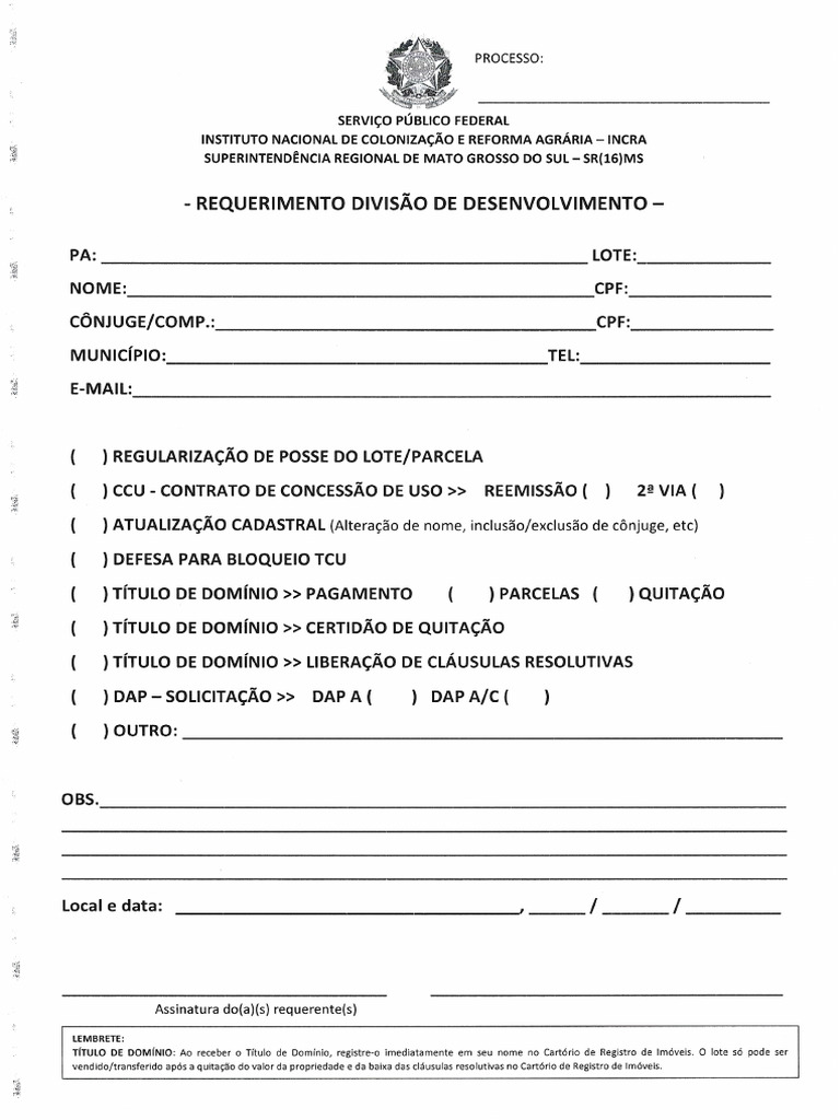 Requerimento INCRA Par Titulo de Imovel | PDF