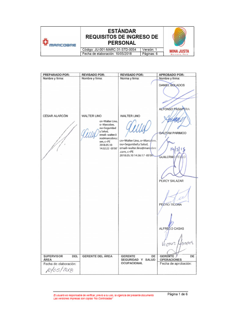Ju-001-Marc-31-Std-0054 Estadar Requisito de Ingreso de Personal | PDF