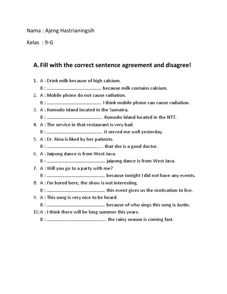 Sentence Agreement and Disagreement Exercises | PDF