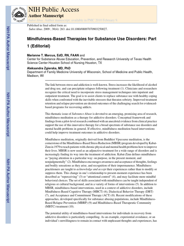 Mindfulness-Based Therapies For Substance Use Disorders | PDF ...