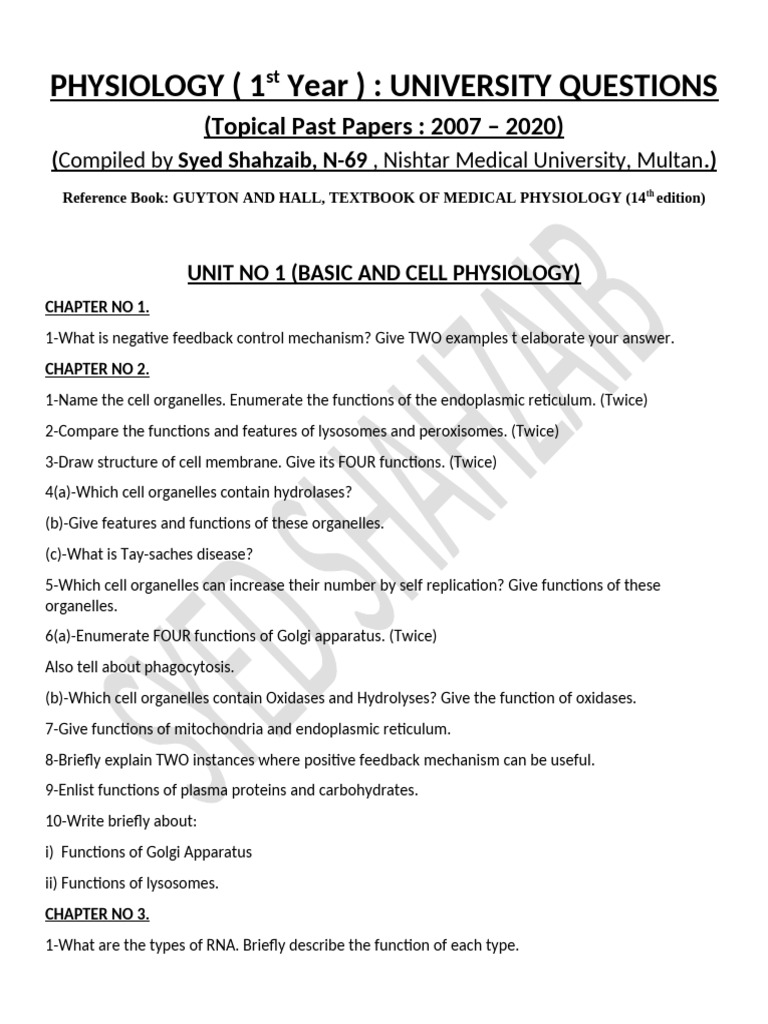 Physiology-1st Year Topical Past Papers-1 | PDF | Muscle Contraction ...