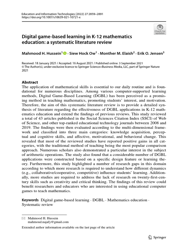 Houssein Et Al. (2023) Digital Game-Based Learning in K-12 Mathematics | PDF | Learning ...