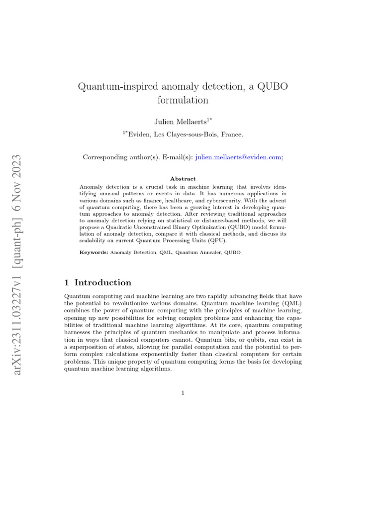 Quantum-Inspired Anomaly Detection, A QUBO Formulation | PDF | Quantum Computing | Machine Learning