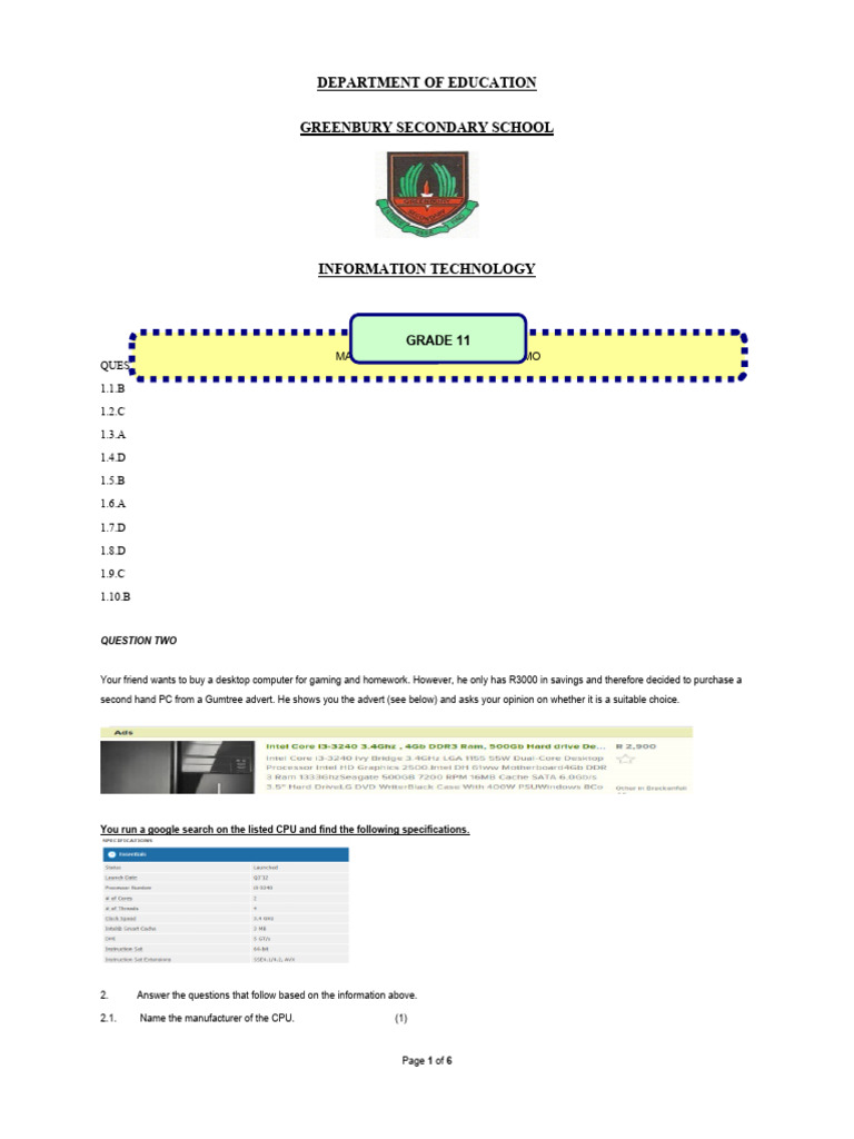 March-MEMO For Grade 11 IT | PDF | Cpu Cache | Computer Data Storage