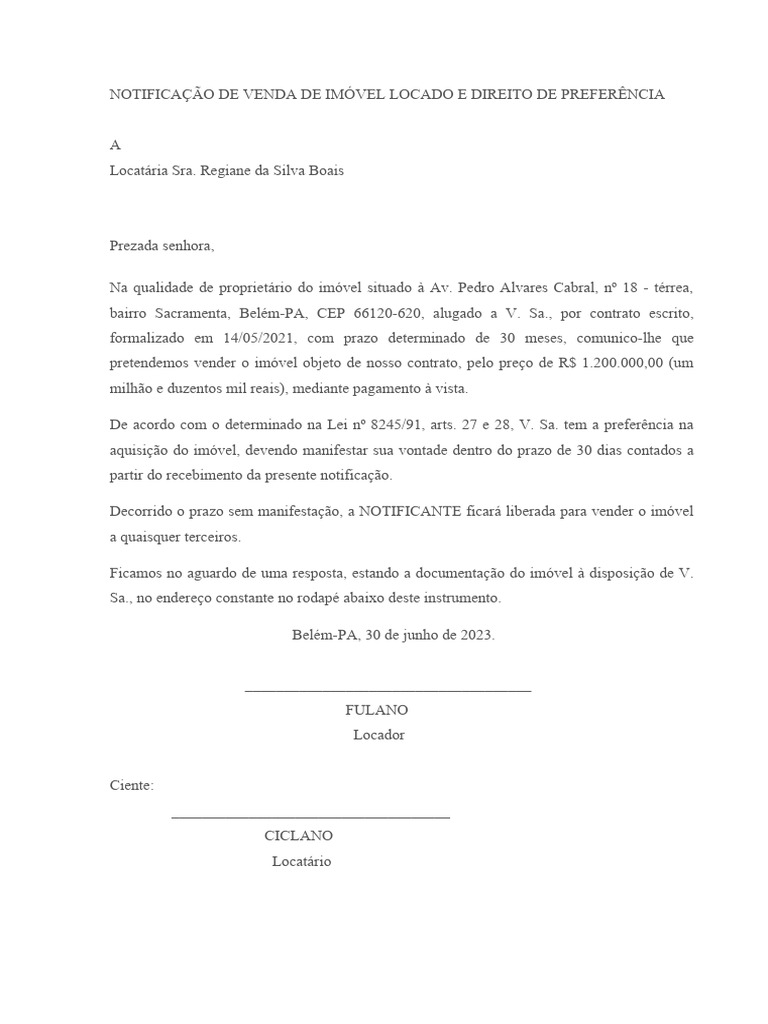 Notificação de Venda de Imóvel Locado e Direito de Preferência | PDF