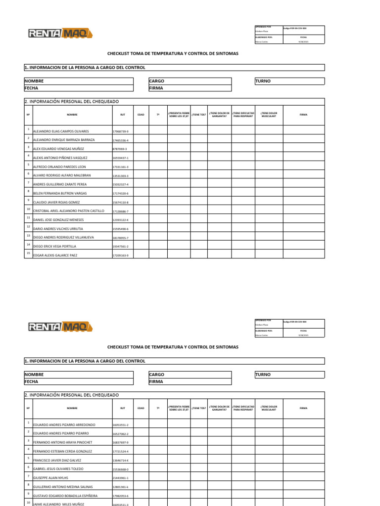 Check List Toma Temperatura y Control de Sintomas For-Sn-Cov-008 | PDF