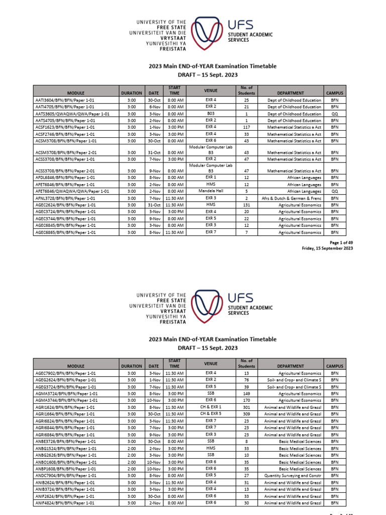 2023 Main End of Year Examination Timetable Draft | PDF | Agriculture