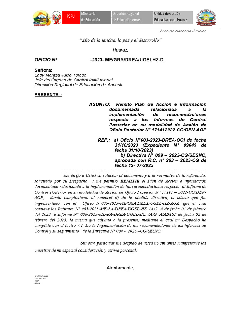 Respuesta al Oficio N° 603 DREA-OCI PLAN DE ACCION (1) | PDF | Gobierno