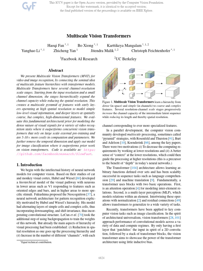 2021 ICCV Multiscale Vision Transformers Fan, Xiong | PDF | Computer Vision | Artificial ...