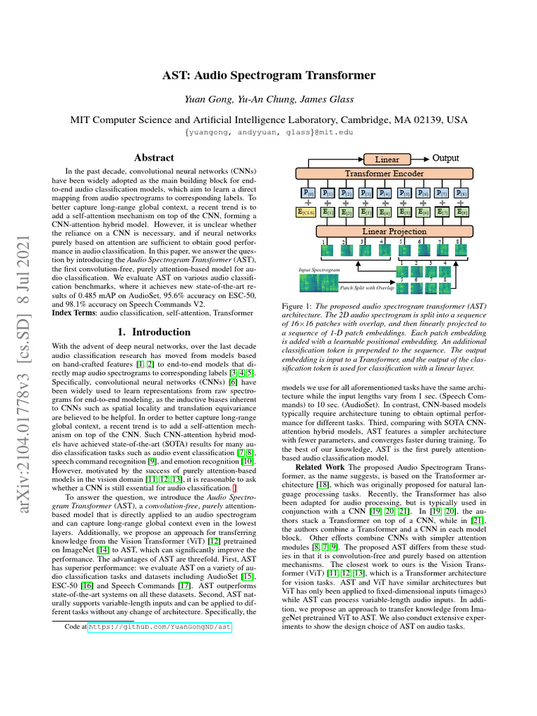 2021 AST - Audio Spectrogram Transformer Gong, Chung, Glass | Download Free PDF | Learning ...