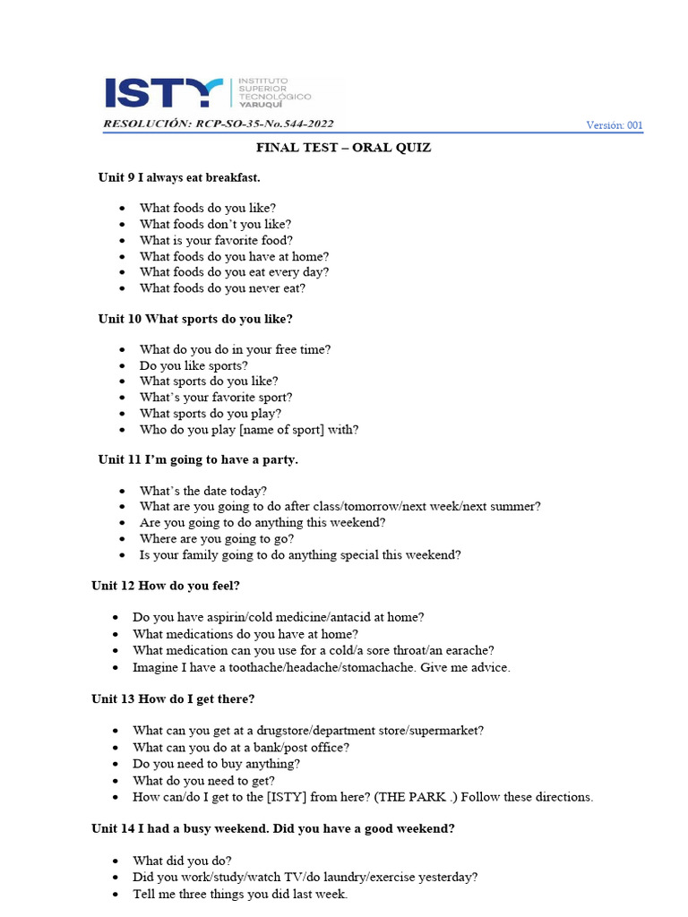 Final Test - Speaking Quiz | PDF | Fluency | English Language